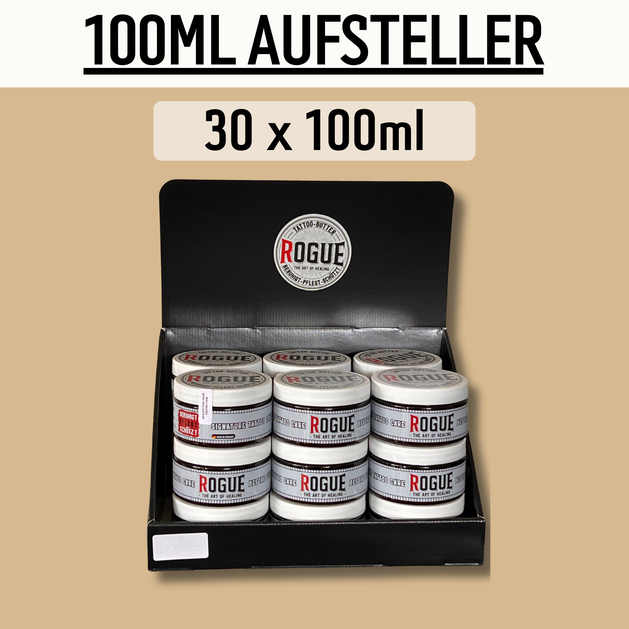 30 x 100ml Tattoo Butter + Thekenaufsteller – Rogue Tattoo Care